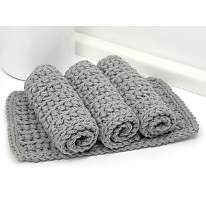 Set of 4 Handmade Grey 4 inch x 7 inch Rectangular Crochet Cotton Dishcloths, Gray Dishrags