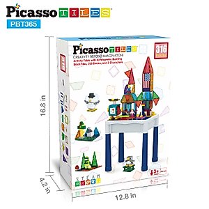 PicassoTiles 316 PCs Activity Table with Magnetic Tiles and Building Brick Blocks, Playset Table with Magnetic Action Figures & Storage Included, Can be Use as Water & Sand Tables STEM Toys Ages 3+