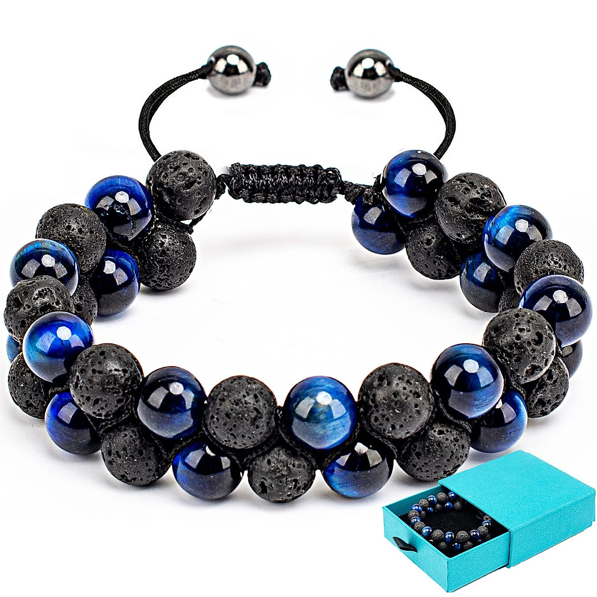 Protection Bracelet,Natural Blue Tiger Eye Black Lava Rock Stone Bracelet,Healing Bracelet for Men Women Bring Good Luck Prosperity and Happiness