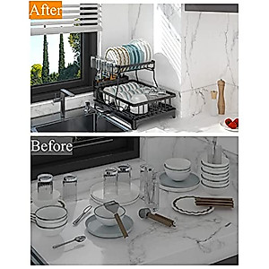 Dish Drying Rack with Drainboard,2-Tier Dish Racks for Kitchen Counter, Rustproof Drainer Set with Utensils Holder, Large Capacity Dish Strainers with Utensils Holder, Extra Drying Mat and Scrub Spong