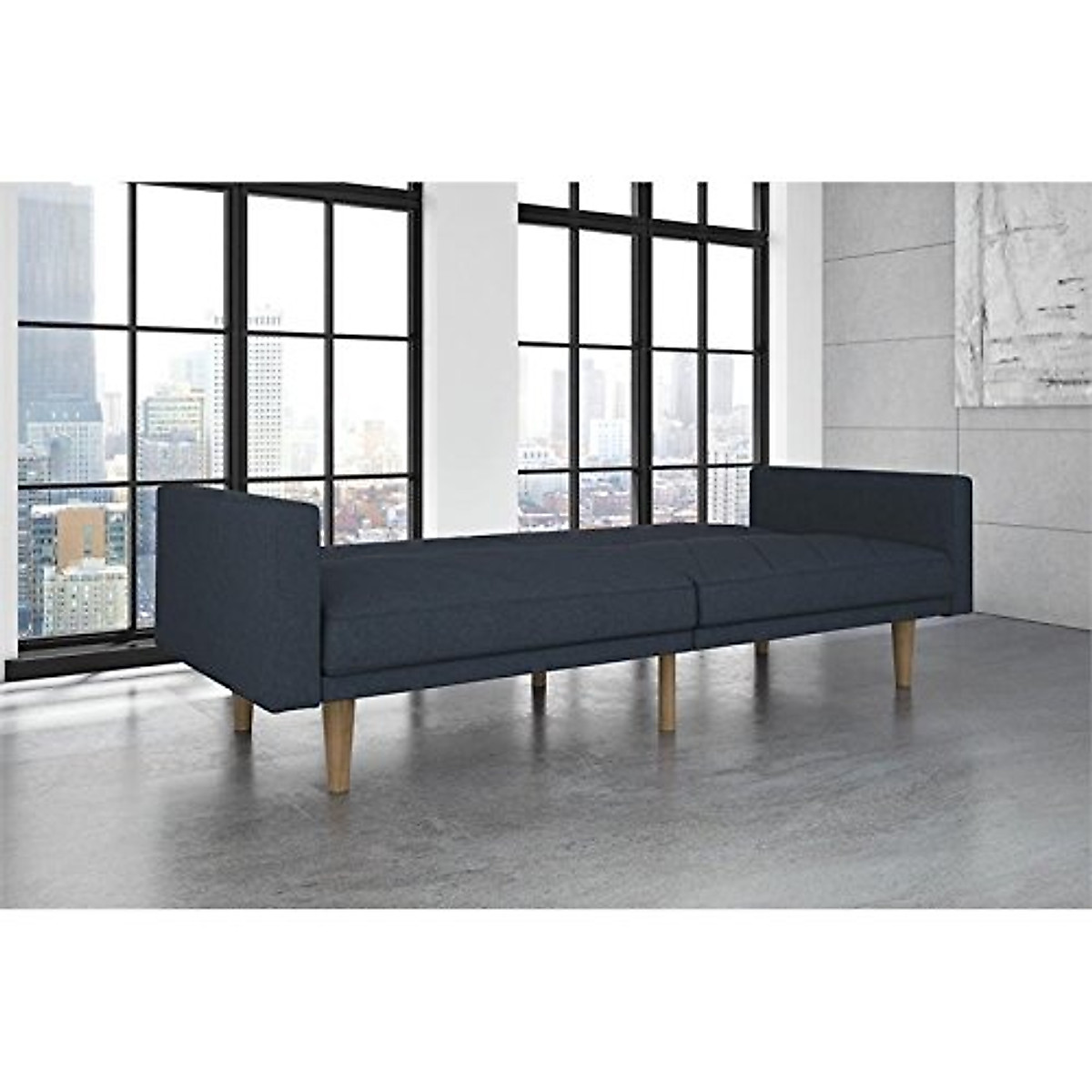 DHP Paxson Convertible Futon Couch Bed with Linen Upholstery and Wood Legs - Navy Blue, Modern/Contemporary