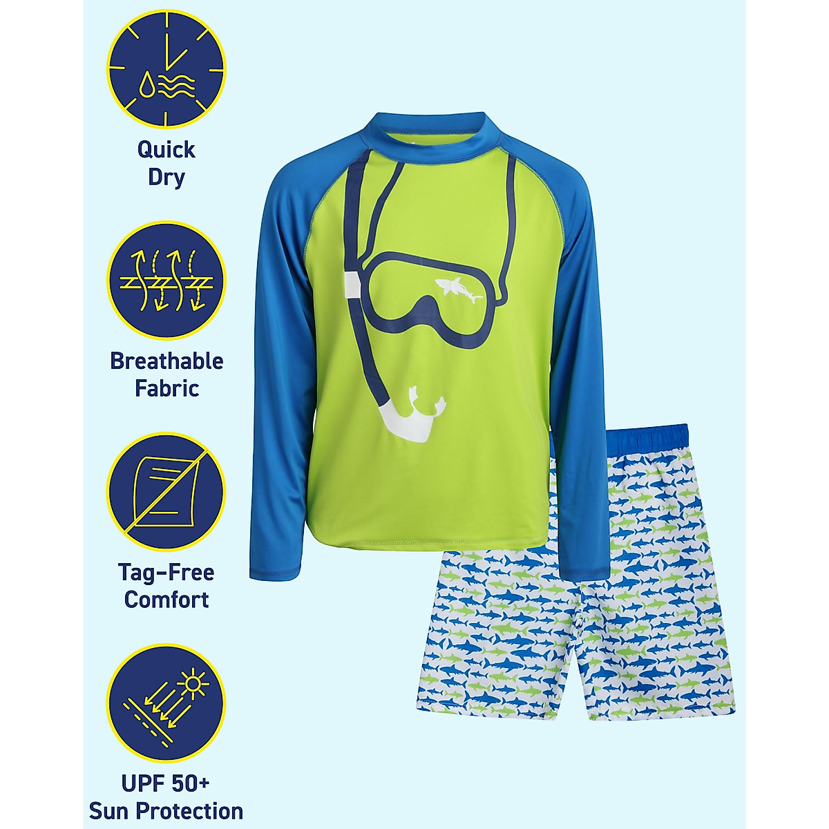 iXtreme Boys' Rash Guard Set - 4 Piece UPF 50+ Swim Trunks and Long Sleeve Swim Shirt (12M-14), Size 7, Royal/Black Shark