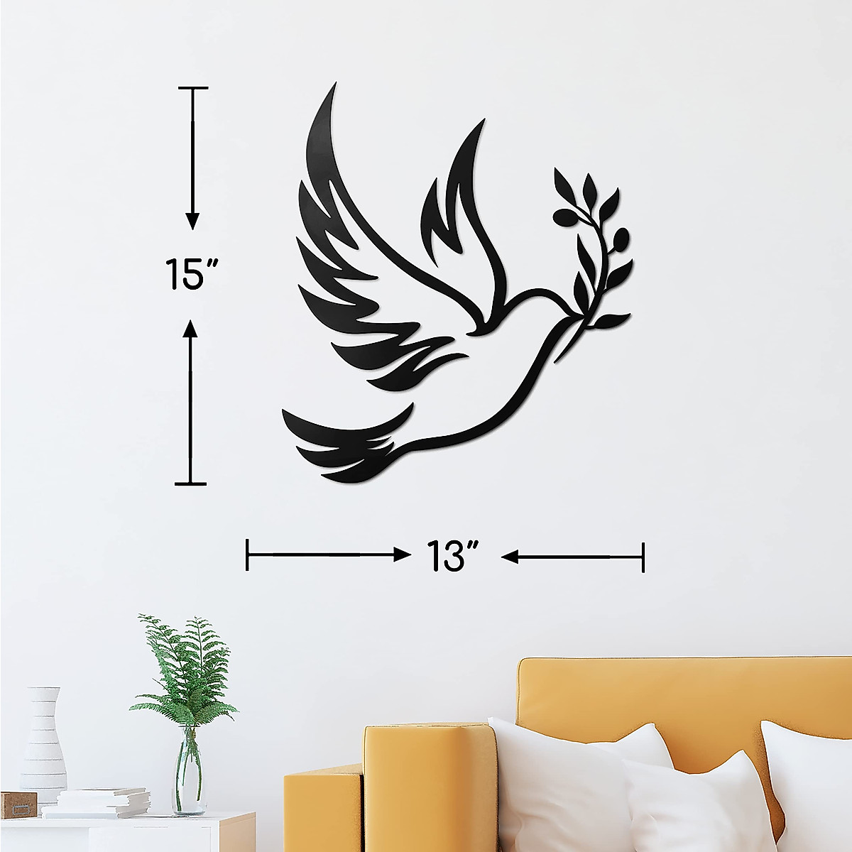 Vivegate Dove of Peace Olive Branch Metal Wall Art – Olive Branches Peace Black Outline White Dove Metal Wall Decor (Large - 15"X13", Dove)