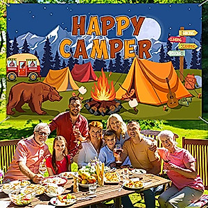 Camping Backdrop Camper Party Decoration Happy Camper Banner Campfire Forest Adventure Photography Background for Camping Theme Party Birthday Party Supplies with Rope, 72.8 x 43.3 Inch