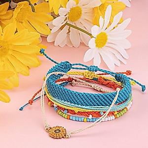 Braided Sunflower Boho String Woven Strand Bracelets Set for Women Adjustable Wrap Rope Charm Wave Jewelry Friendship Waterproof Gift Sunflower