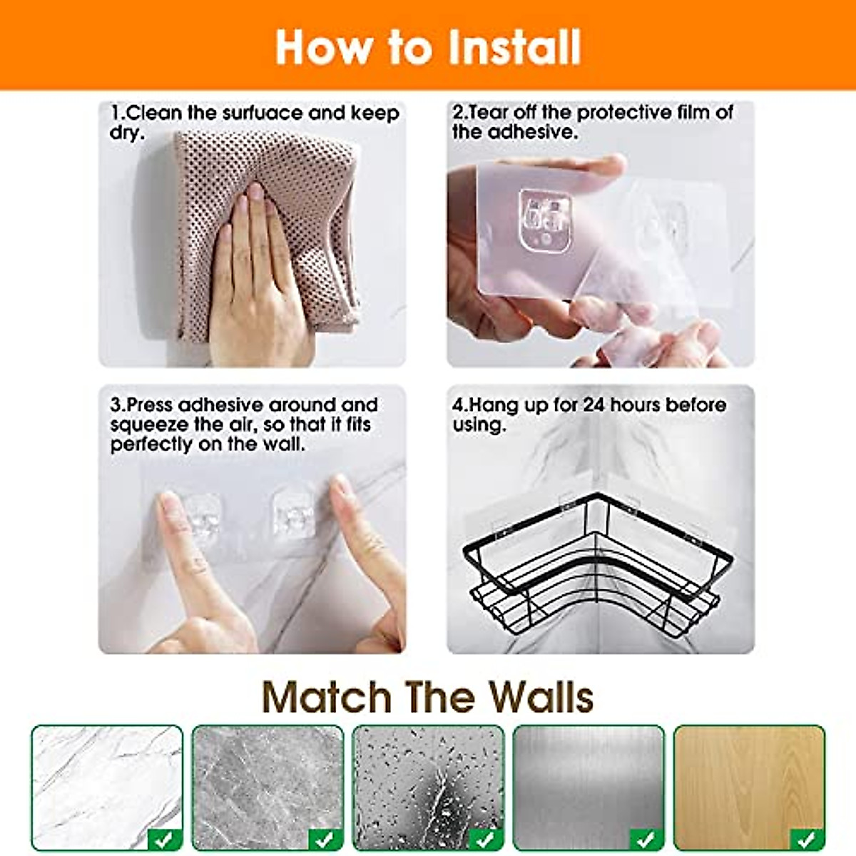 Corner Shower Caddy, 4-Pack Adhesive Bathroom Organizer with Soap Holder & 12 Hooks, Shower Organizer, Rustproof Stainless Steel Shower Organizer, No Drilling Shower Shelves for Bathroom/Kitchen