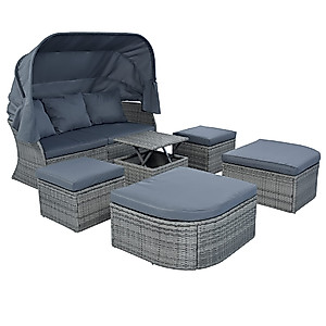 Merax Outdoor Patio Rattan Daybed Sunbed with Retractable Canopy, Sectional Conversation Sofa Set for Backyard and Porch, Grey