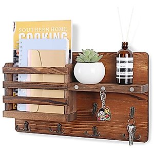 WeBravery Decorative Key Hanging Rack with 10 Hooks – Easy Install Natural Wooden Key and Mail Holder for Wall Mount – Entryway Decor Rack with Shelf (Brown)
