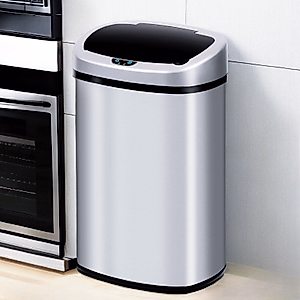 HHS Kitchen Trash Can Touch Free Automatic Stainless Steel Waste Bin 13 Gallon Metal Garbage Can with Lid 50 Liter Large Capacity Brushed Motion Sensor Trash Can for Kitchen Office Bedroom, Silver.