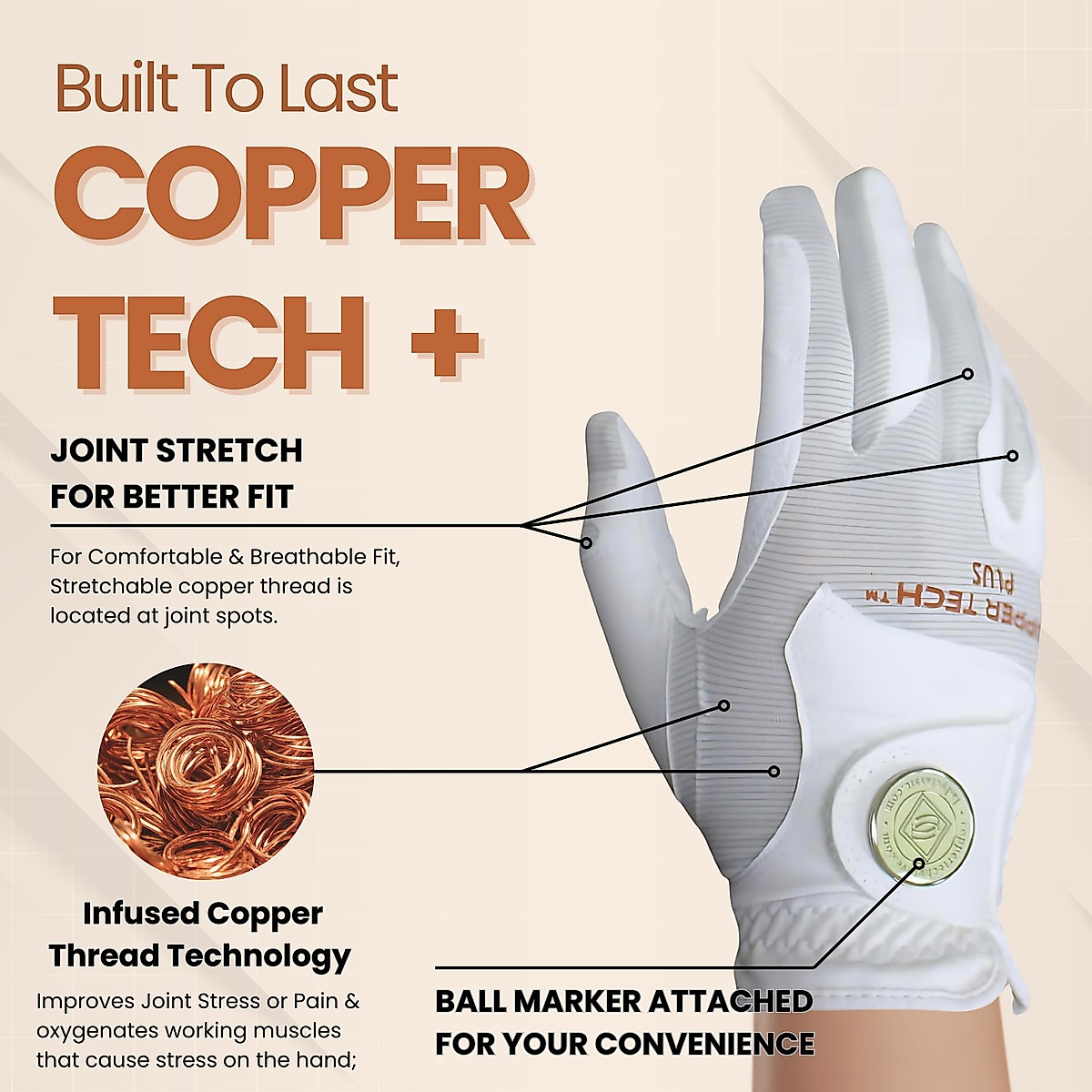 Copper Tech Women's Golf Gloves - Various Stylish Colors for Lady Golfers - 100% AAA Cabretta Leather - Optimal Wrist Support with Copper Infused Thread - Golf Glove Women Right Handed Golfer