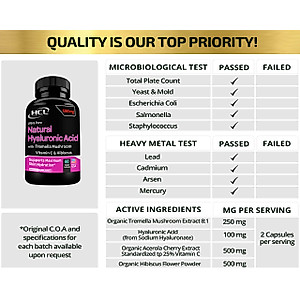 Natural Hyaluronic Acid Supplement 5X Stronger Hydration Pills from Pure Tremella Mushroom with Vitamin C & Hibiscus - Skin Supplement Anti Wrinkle Dietary Capsules - Hair Nails Vitamins