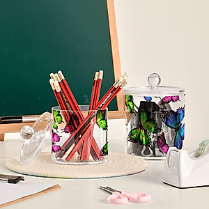 Bokkoy Beautiful Color Butterfly Transparent Storage Can Plastic Can Packs of 2 Cotton Swabs Floss Can Cosmetic Cotton Storage Jar for Bathroom and Dressing Table