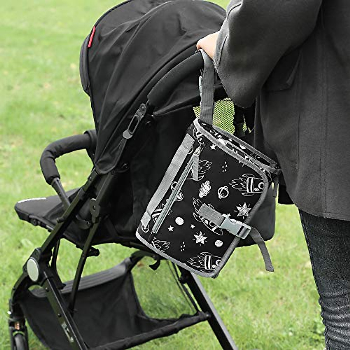 TILLYOU Portable Changing Pad, Baby Travel Changing Pad for Diaper Bag, Diaper Changing Mat with Foam Head Pillow and Extra Pockets, Baby Stuff for Newborn, Baby Shower Gifts (Star Rocket)