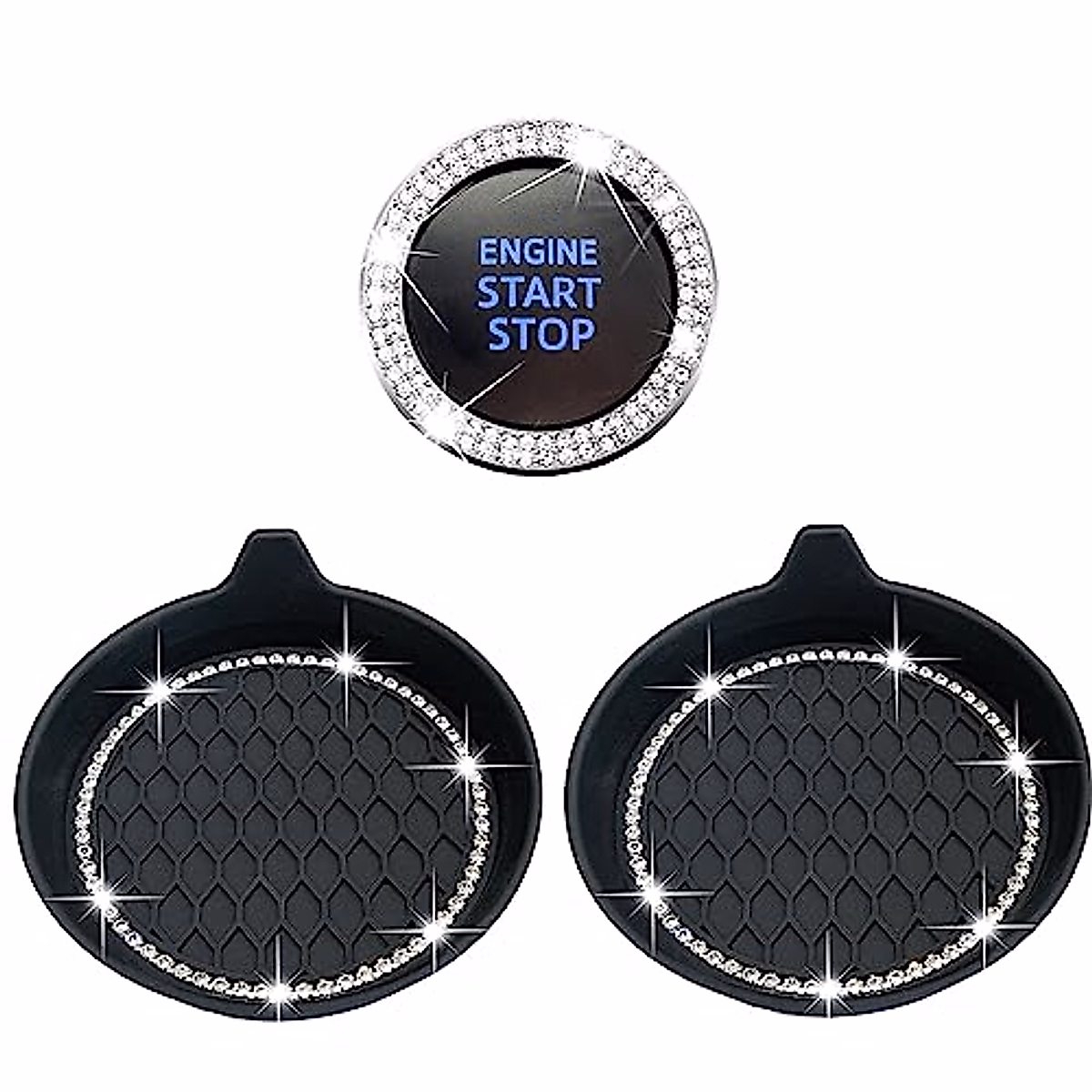 Pinepoem PINEPOEM Universal Car Cup Coaster with Push to Start Button Decoration Ring, Crystal Rhinestone Car Engine Push Start Stop Ring, Bling Car Interior Accessories