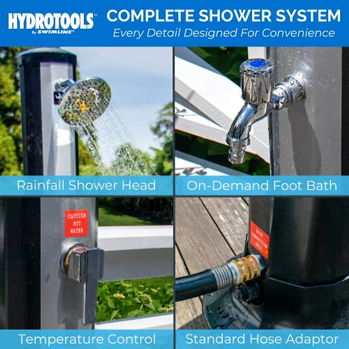 Swimline HYDROTOOLS 2 Section Niagara Rainfall Solar Shower 7 Feet | Adjustable Head & Foot Tap Spigot | 10 Gal Capacity Up to 140 Degrees | Environmentally Friendly | Outdoor Backyard Poolside Spa