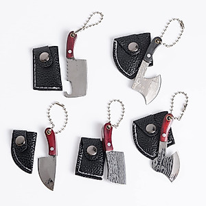 Sucrain 5PCS Damascus Pocket Knife Set Mini Chef Knife Set Mini Kitchen Chef Knife Tiny Set Keychain Small Knife for Package Opener Box Cutter