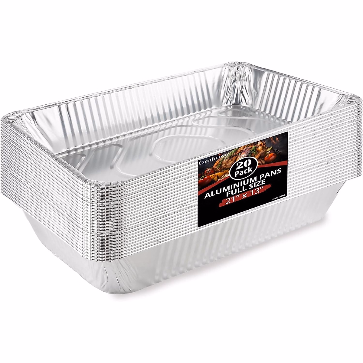 COMFICOVE Aluminum Pans Disposable (20 Pack), 21x13 Pans for, Prepping, Roasting, Food, Storing, Heating, Cooking, Chafers, Catering, BBQ Grilling, Sturdy Baking Pan Trays