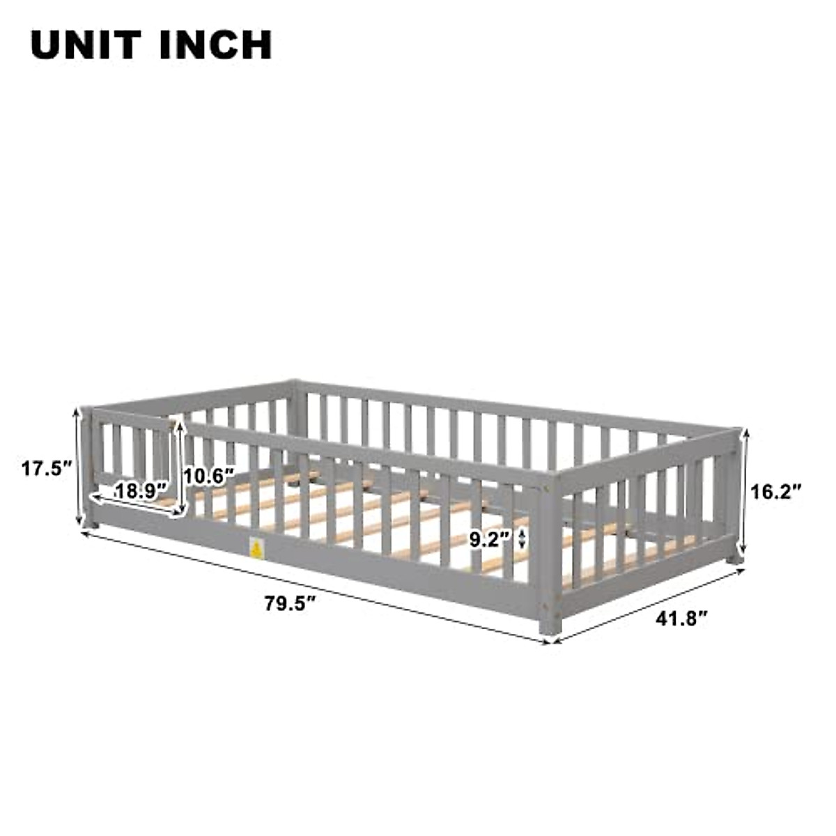 Twin Size Floor Platform Bed with Fence, Wooden Playpen Bed for Kids, Kids Fence Bed with Door, No Box Spring Needed (Grey)