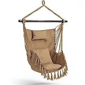 Giantex Hanging Chair Hammock Swing Chair - with Sturdy Steel Hanging Bar, Comfortable Headrest Pillow, 2 Cushions, Pocket Macrame Swing Chair for Bedroom, Living Room, Max 330 Lbs Swing Seat (Beige)