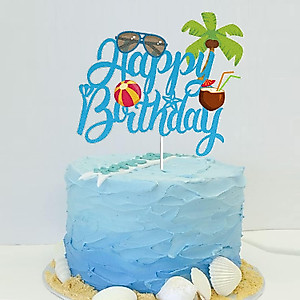 Summer Beach Coconut Happy Birthday Cake Topper Blue Glitter Summer Pool Swimming Surfing Party Decoration Summer Holiday Birthday Party Favor Supplies