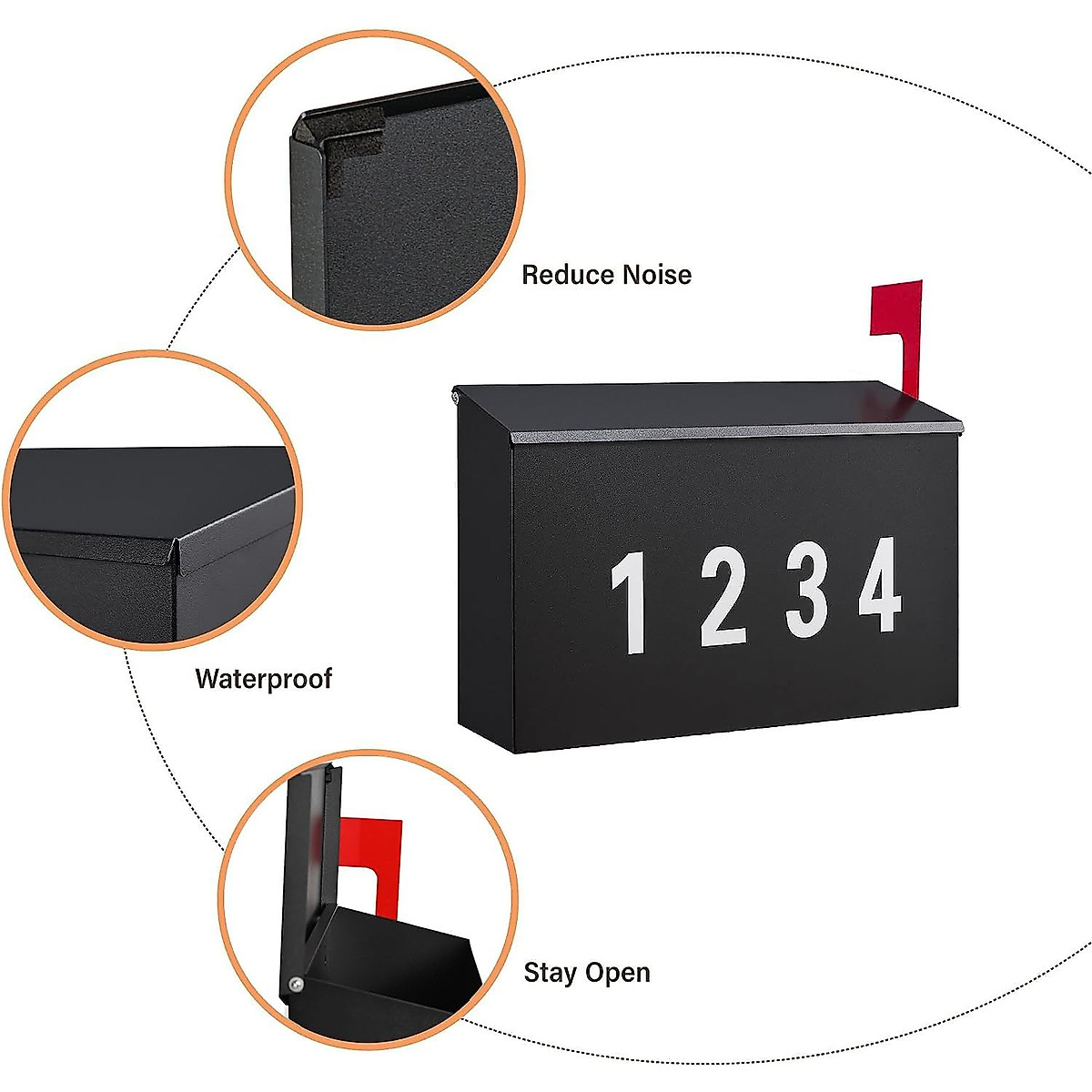 LAND·VOI Wall-Mount Mailbox with One Flag Kit and Three Sets of 0-9 Mailbox Number Stickers, Mailboxes for Outside, Galvanized Steel Rust-Proof Metal Post Box, 4.33" Dx14.2 Wx10.43 H, Black, AMB03B