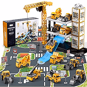 TEMI Construction Vehicles Toy for Boys, 60PCS Kids Engineering Trucks Vehicle w/Tractor, Crane, Dump, Excavator and Map, Birthday Gift Toys for 3 4 5 6 7 Year Old Boys Children Toddlers