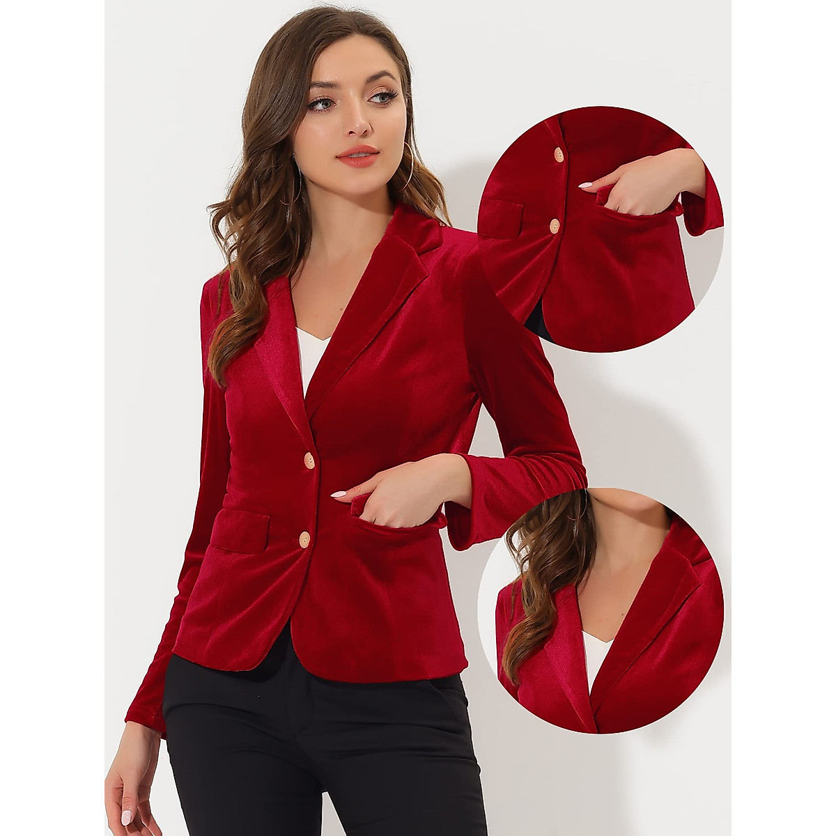Allegra K Velvet Blazers for Women's Party Notched Lapel Single Breasted Long Sleeve Blazer Small Red