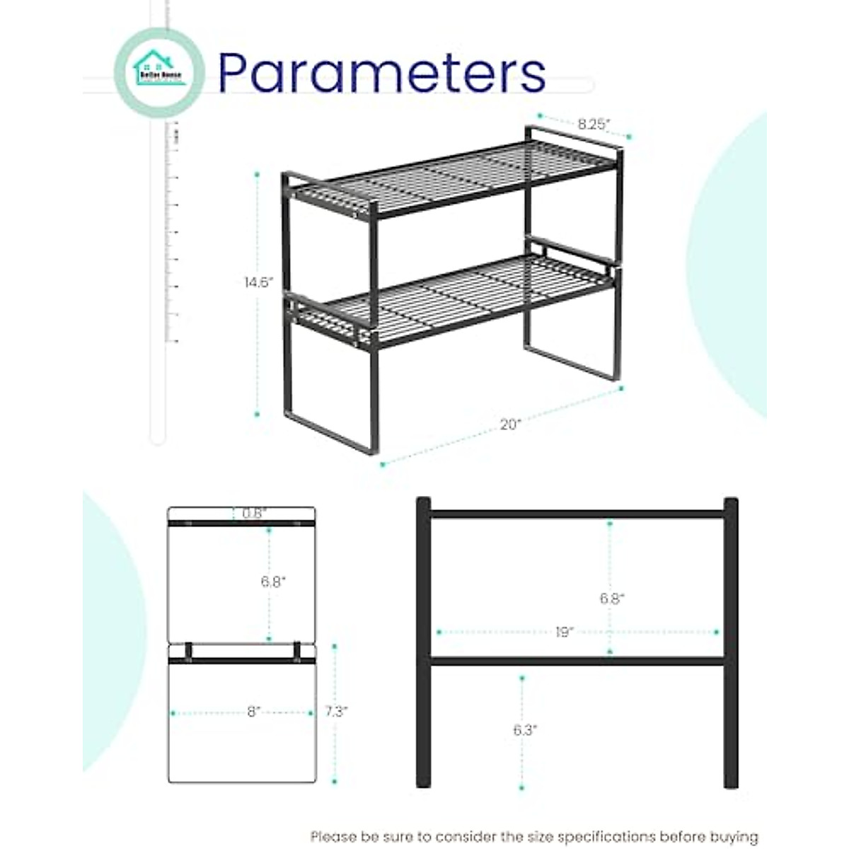 Better House 2 Pack Cabinet Shelf The Ultimate Standing Stackable Space Saving Closet Shelves Steel Frame Rust Resistant Organizer For Your Kitchen Bathroom (Stacked Size L20 x D8.25 x H14.6 in)