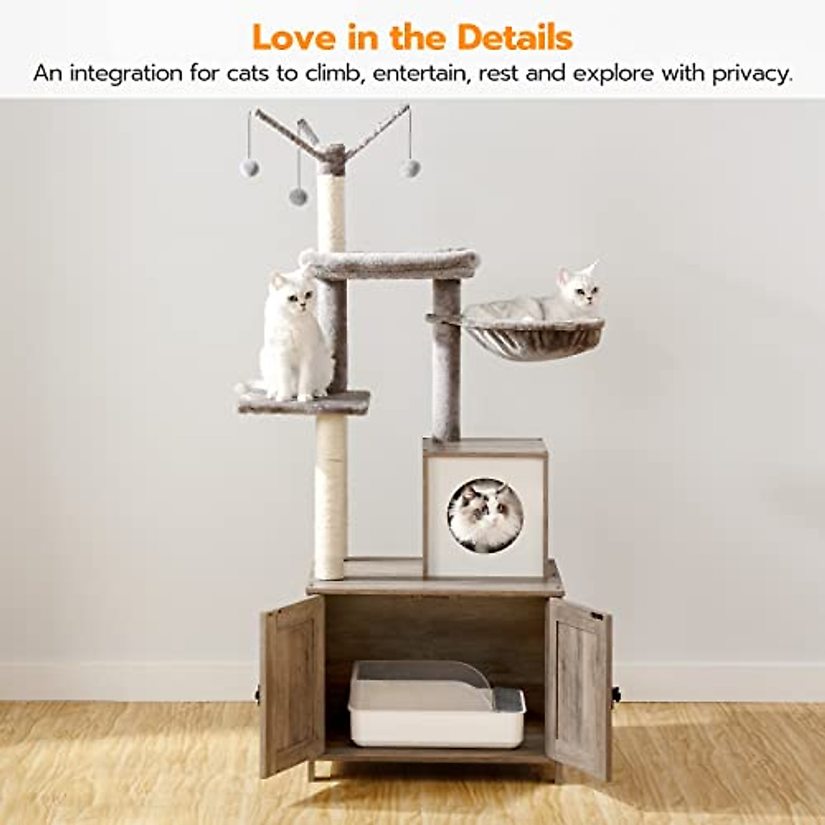 HOOBRO Cat Tree Tower with Litter Box Enclosure for Indoor Cats, Wooden Cat Condo with Scratching Posts, Cat Litter Box Furniture Hidden, All-in-One Cat Toy with Cat House, Greige BG15MZ03