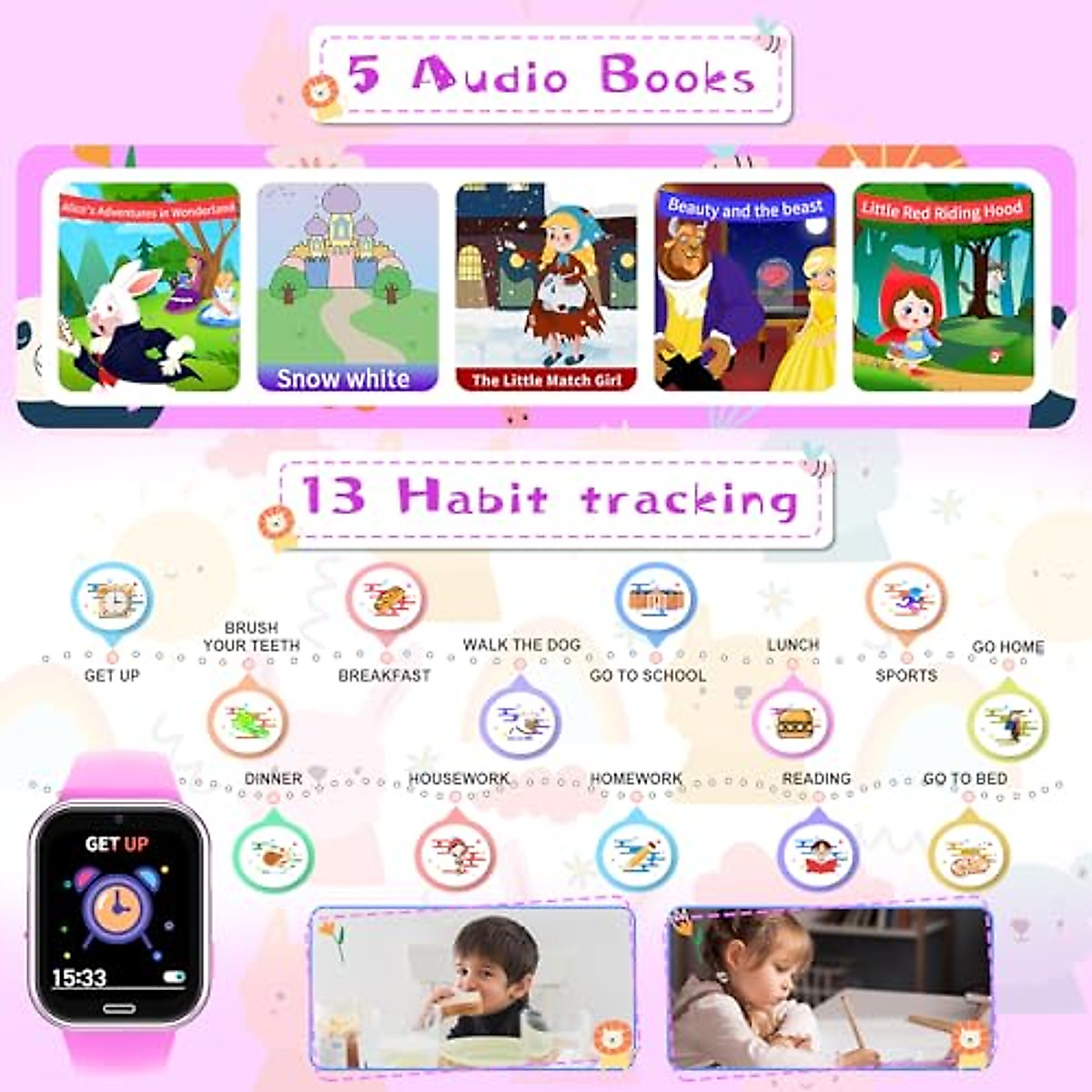 Smart Watch for Kids Gift for Girls Toys Age 6-8 Kids Game Smart Watches for Boys 8-10 with 24 Games Video Camera Music Alarm Educational Birthday Gifts Ages 6 7 8 9 10 11 12 Years Old (Purple)