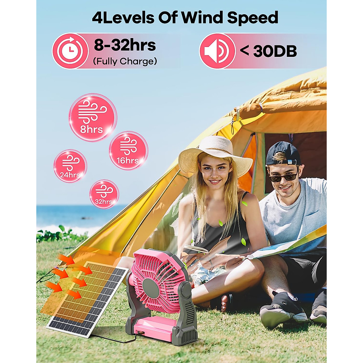 Art In Real 10400mAh Solar Powered Fan, Portable Solar Fan with LED Lantern, Camping Fan with 7W Solar Panel, Stepless Speed Battery Powered Fan for Travel, Camping,Office,Outdoor＆Indoor(Pink)