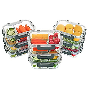 KOMUEE 9 Packs Glass Meal Prep Containers 1&2&3 Compartments,Glass Food Storage Containers with Airtight Lids，Glass Lunch Containers,Glass Bento Boxes,BPA Free,Gray