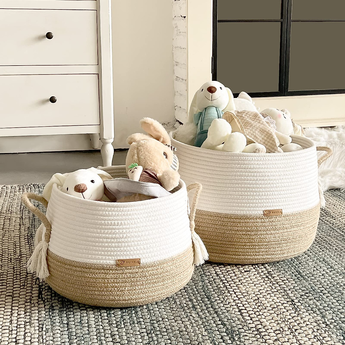 R RUNKA Small Basket for Stuffed Animal,Clothes,Baby Blankets -11.8"x9.8"- Boho Baskets for Living Room,Bedroom,Nursery |Cotton Rope Baskets, Cube Basket, Under Shelf Basket | Baskets for Home Decor