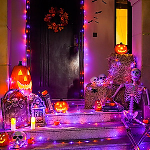 JMEXSUSS 66ft 200 LED Orange Purple Halloween Lights,2 Pack Solar Halloween String Lights, Outdoor Waterproof, 8 Modes Solar Fairy Lights for Garden Party Decorations