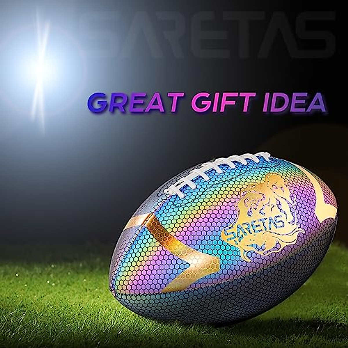 Saretas Size 9 Holographic Reflective Football Glow Football Gifts Idea Toy for Kids, Youths, Juniors, Adults, Boys and Girls with Pump,Needles and Carry Net