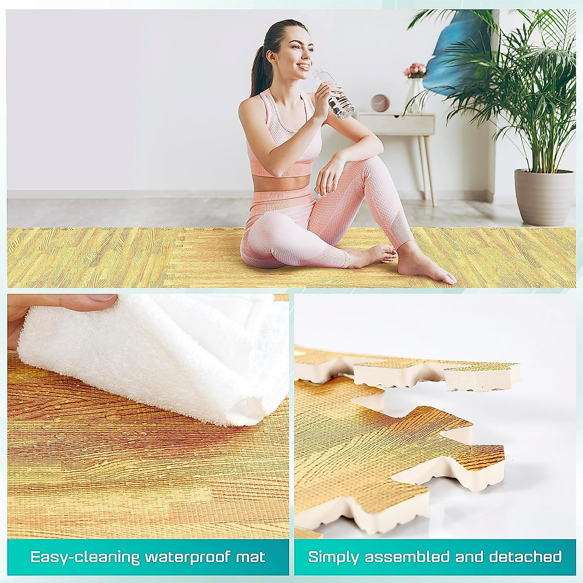 Yes4All Interlocking Floor Mats with Border – Foam, Gym Floor Mats with EVA Interlocking Tiles (12 Square Feet – Oak Wood Light – 12 Tiles)