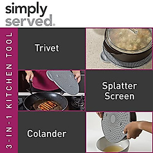 Simply Served Silicone Splatter Screen, Multi-Use Kitchen Tool, Protect Stovetop and Counters, 3-in-1 Silicone Kitchen Trivet, Splatter Screen, and Colander Lid, Gray