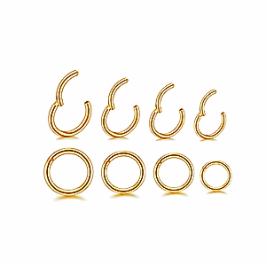 16G Hypoallergenic Nose Rings 316L Surgical Steel Piercing Jewelry Hinged Segment Ring Body Piercing Septum Nose Hoop Lip Rings Nose Helix Cartilage Rook Earrings (16G 4Pairs 6/8/10/12mm Gold)
