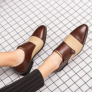 HuitJours Men Brown Double Monk Straps Slips on Dress Shoes Classic Loafers Two Tone Colors Buckle Shoes Zapatos de Vestir para Hombre