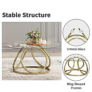 O&K FURNITURE Gold Coffee Table, Modern Round Glass Coffee Table for Living Room with Ring-Shaped Frames, Gold Glass Table for Home&Office,Gold Finish, 1PC