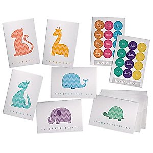 Chevron Animals Around The World Baby Congrats Cards - 48 Cards & Envelopes - Includes Colorful Sticker Seals