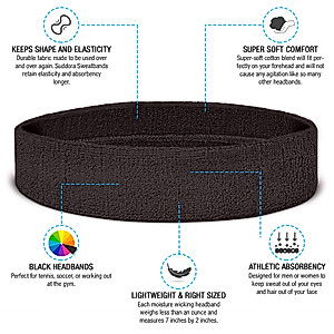 Suddora Workout Headband for Men and Women, Moisture-Wicking Athletic Sweatband, Lightweight Cotton Terry Cloth Bands for Basketball, Tennis, Football, Gym, Running, Cosplay & Costumes (Black)