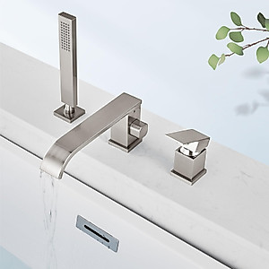 Aolemi Brushed Nickel Widespread Roman Bathtub Faucet Long Waterfall Spout Comportary Tub Filler with Handheld Spray Deck Mount Bathroom Shower Set 3 Hole Single Handle