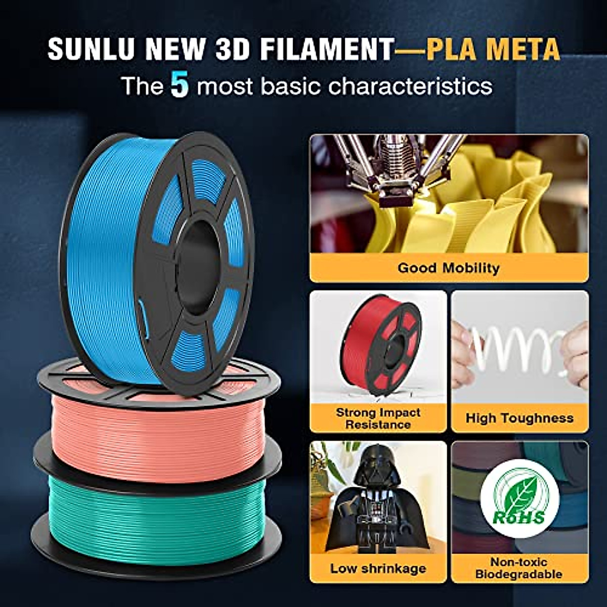 【PLA-Meta & PLA Plus】SUNLU 3D Printer Filament PLA-Meta 1.75mm, Dimensional Accuracy +/- 0.02 mm, 250G*8 Rolls, Black+White+Grey+Blue+Green+Red+Yellow+Pink & PLA+ 1KG, Orange