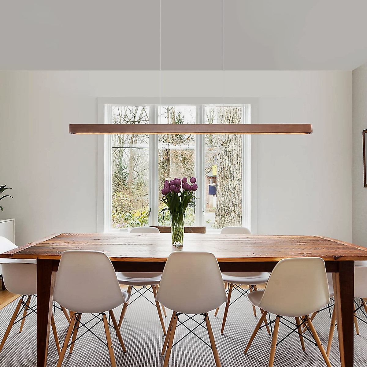 YISDESIGN 59" Wood Linear Pendant Light 40w Integrated Led Pendant Light Dimmable Ceiling Pendant Hanging Light Adjustable Billiard Pool Table Lights for Dining Room Kitchen Island Walnut Color