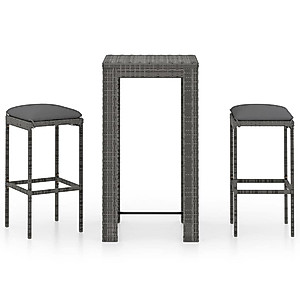 YUHI-HQYD 3 Piece Patio Bar Set with Cushions,Balcony Furniture,Bistro Set,Conversation Furniture,Perfect for Patio, Garden, Porch, or Front Yard Area, Poly Rattan Gray