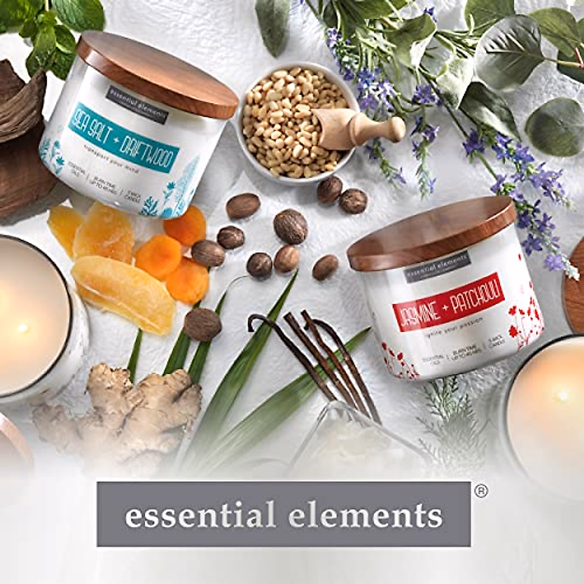 Essential Elements by Candle-lite Scented Candles, Jasmine & Patchouli Fragrance, One 9 oz. Single-Wick Aromatherapy Candle with 50 Hours of Burn Time, Off-White Color