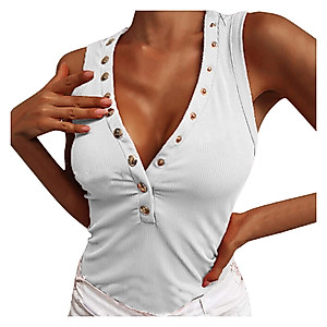 Padaleks Womens Tops Short Sleeve V Neck Button Up Slim Waffle Knit Tunic Tank Shirts Summer Sleeveless Blouses White