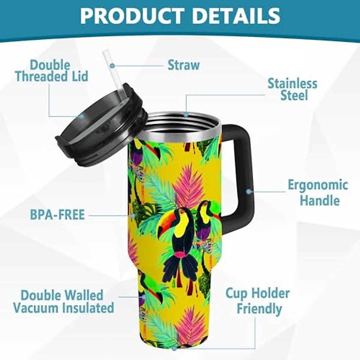 SDMKA 30oz Stainless Steel Tumbler with Straw and Handle, Vacuum Insulated Double-Walled Travel Mug, BPA-Free Leakproof Cup for Hot/Cold Beverages, Tropical Birds Palms