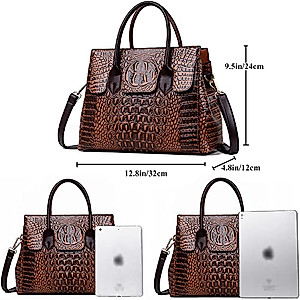 Women Satchel Handbags Top-Handle Bags fuax Leather Embossed Crocodile pattern shoulder bag, Brown, Large